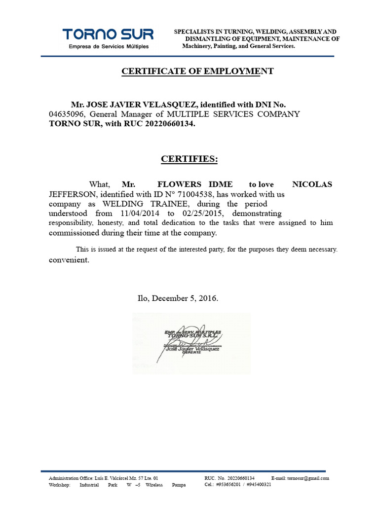 Work certificate FLORES IDME AMAR NICOLAS JEFERSON | PDF