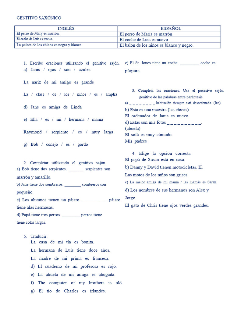 Ejercicios de Genitivo Sajón en Inglés | PDF | Tipología Lingüística ...