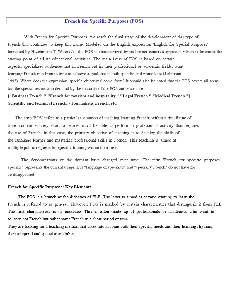 French for Specific Purposes (FOS) | PDF | Communication | Learning