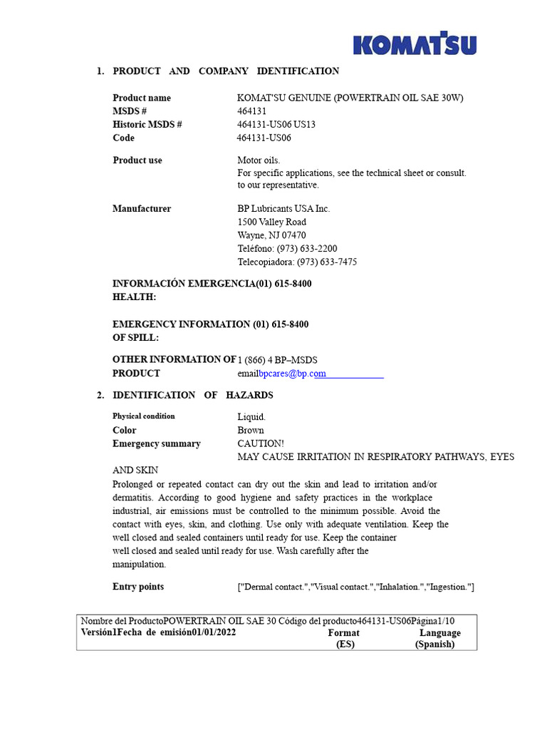 KOMAT'SU POWERTRAIN OIL SAE 30W MSDS | PDF | Waste | Combustion