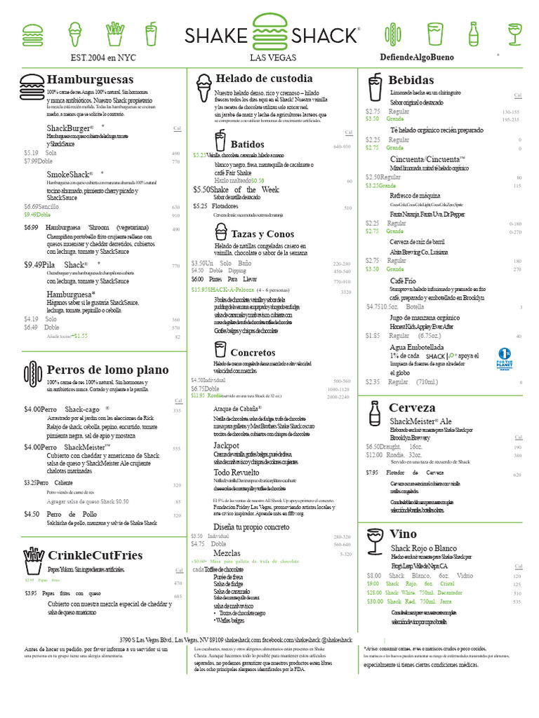 Menú De Shake Shack Las Vegas Pdf Helado Hamburguesas