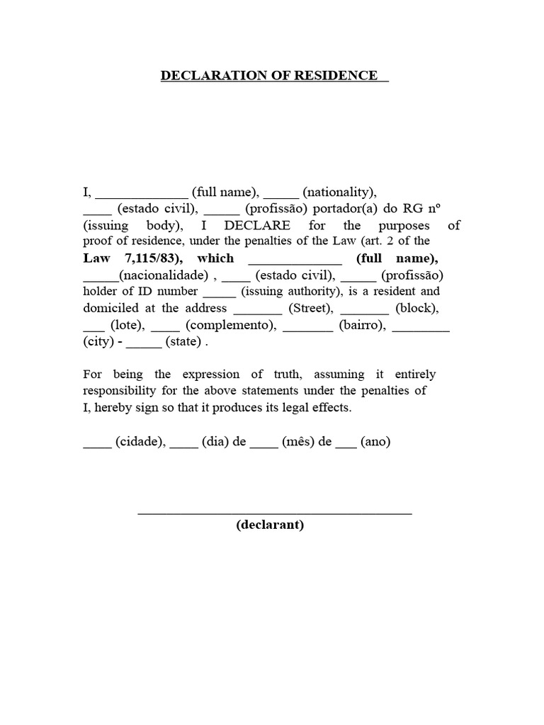 Declaration of Residence Template | PDF
