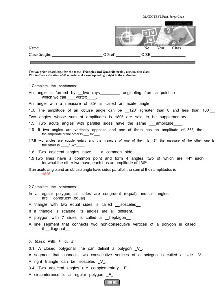 Mini Test 7th Grade Angles and Triangles Solved | PDF | Triangle ...