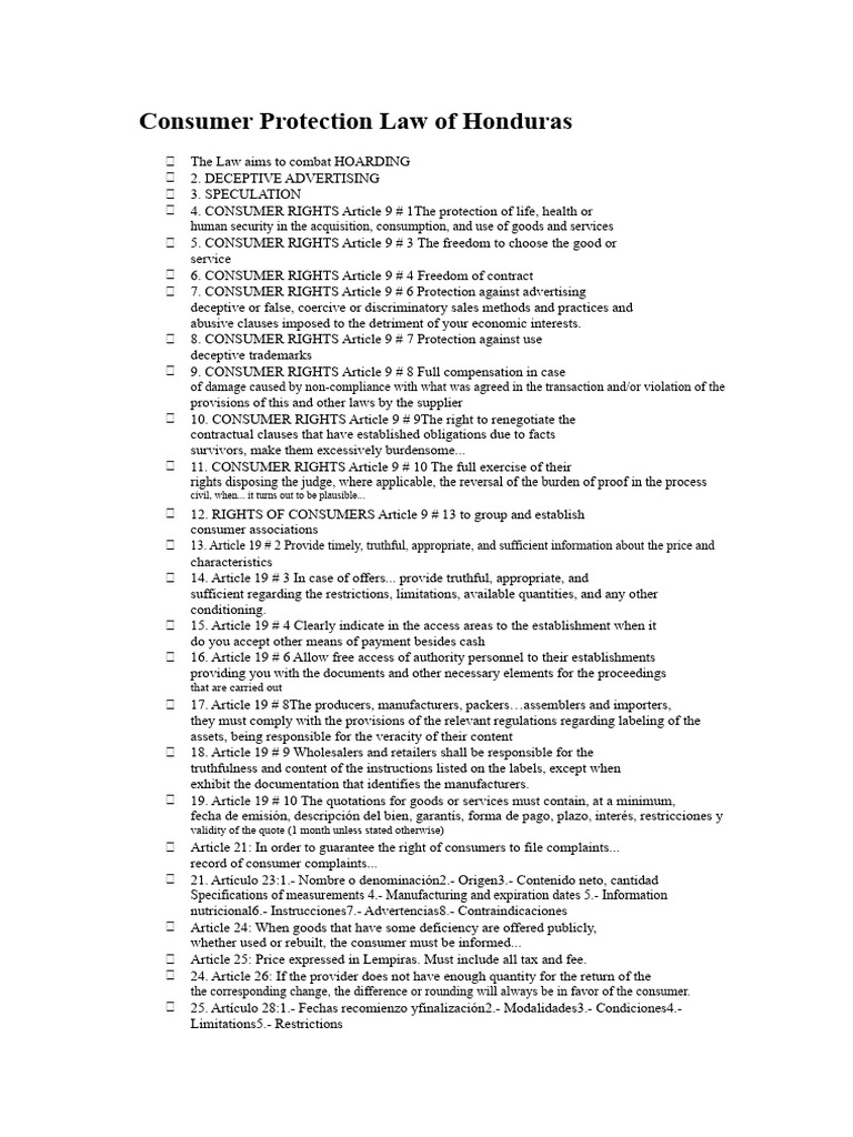Honduras Consumer Protection Law Overview | PDF | Consumer Protection ...
