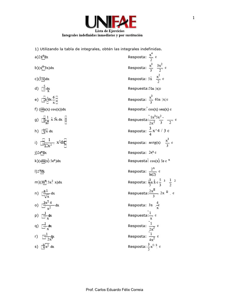 Ejercicios de Integrales Indefinidas | PDF | Lógica matemática ...