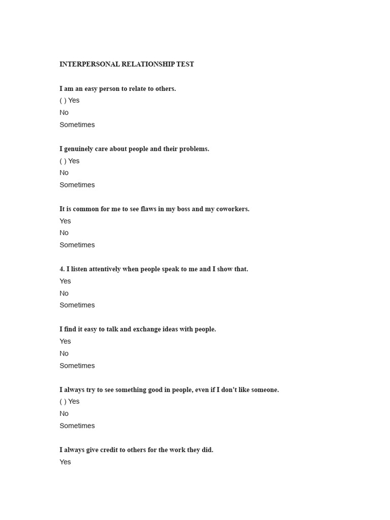 Interpersonal Relationship Skill Test | PDF | Social Psychology ...