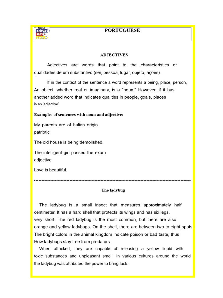 Portuguese Adjectives and Ladybug Insights | PDF | Coccinellidae | Noun