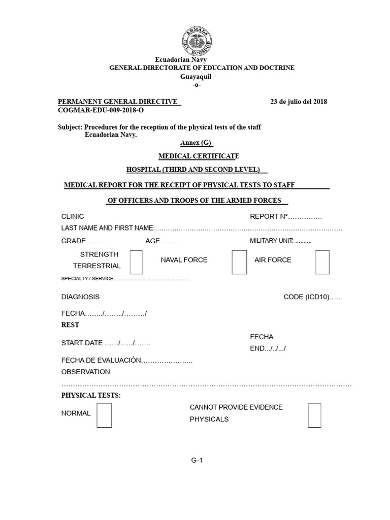 09 ANNEX G medical report for the reception of physical tests of the ...