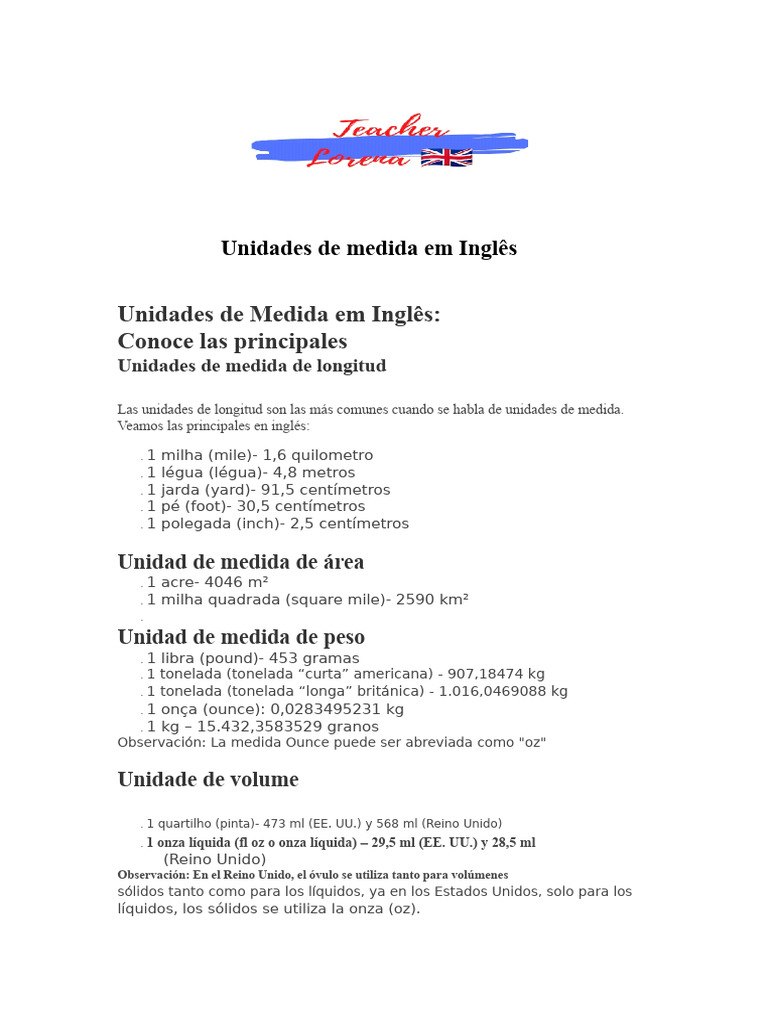 Unidades de Medida en Inglés: Guía Completa | PDF