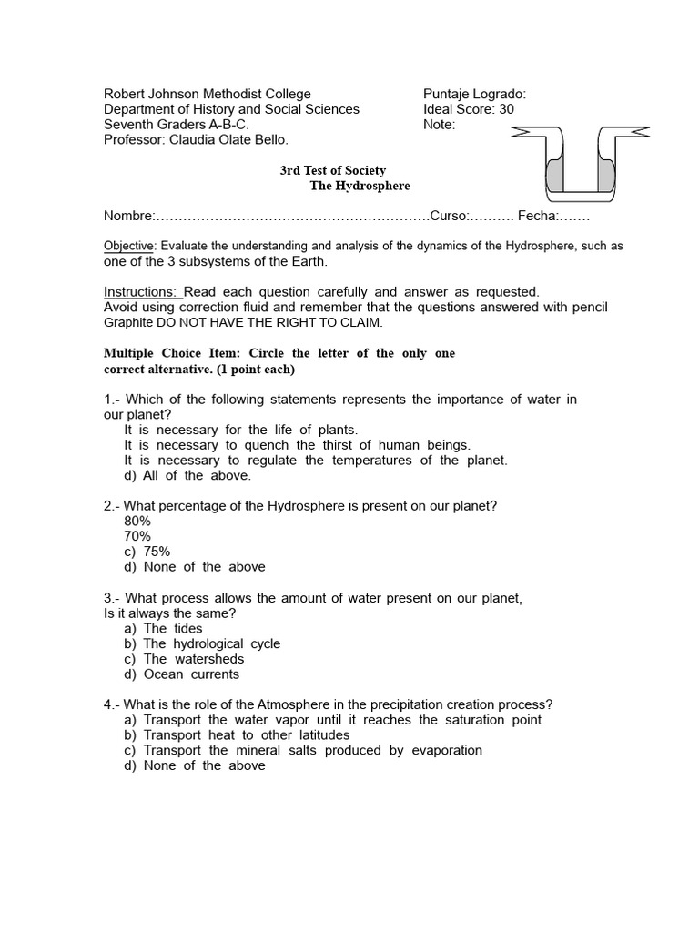 Hydrosphere Test for Seventh Graders | PDF | Water | Oceans