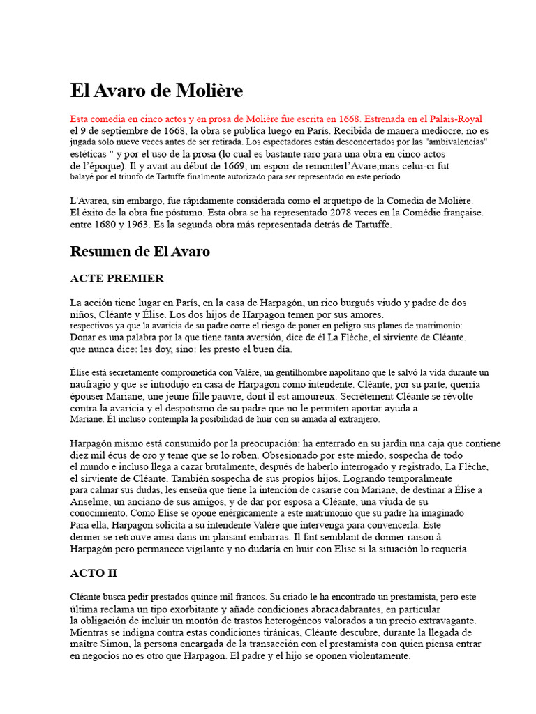 El Avaro | PDF | Molière | Comedia