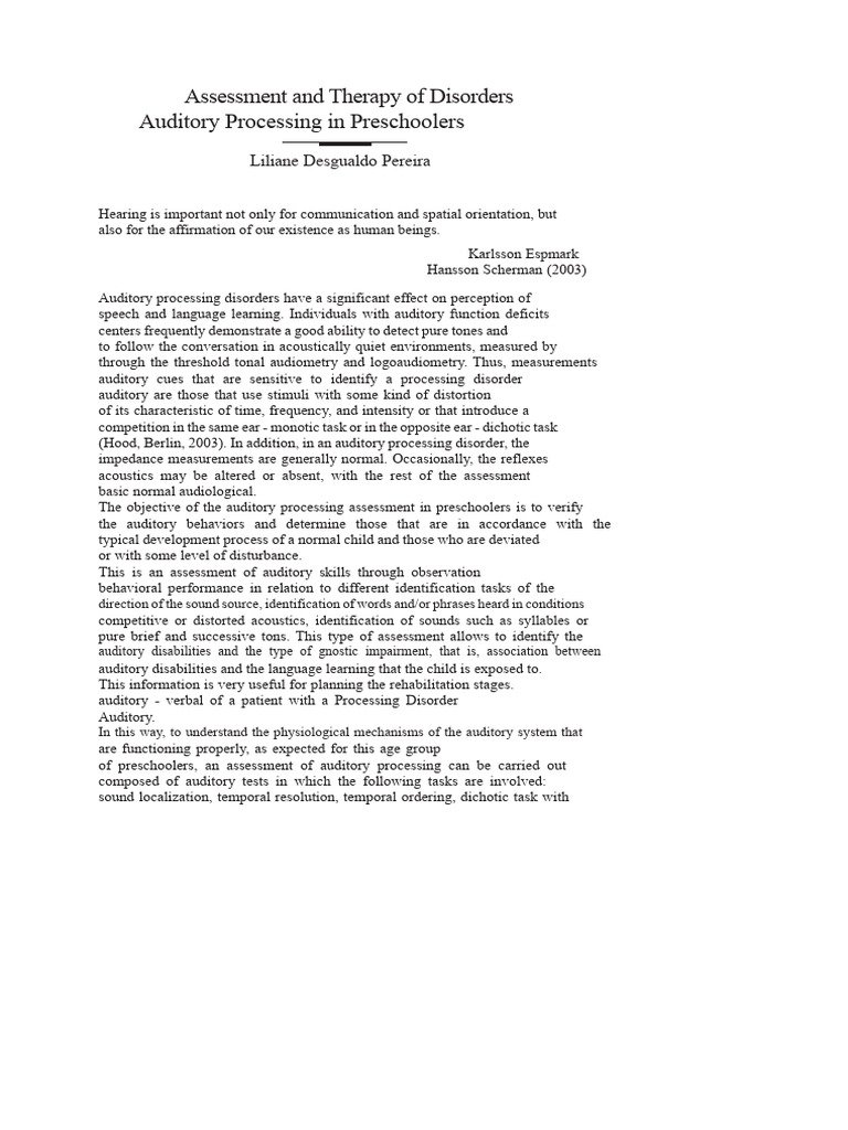 Auditory Processing Assessment in Preschoolers | PDF | Hearing | Speech