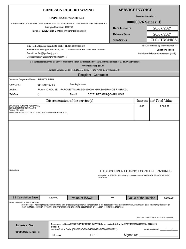 Funeral Service Invoice - Iguaba Grande | PDF | Funeral | Cultural ...