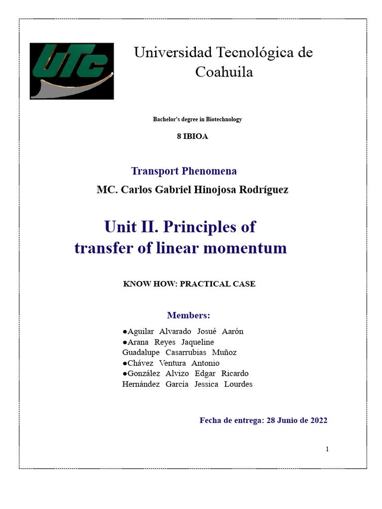 Unit II. Principles of linear momentum transfer, Practical case | PDF ...
