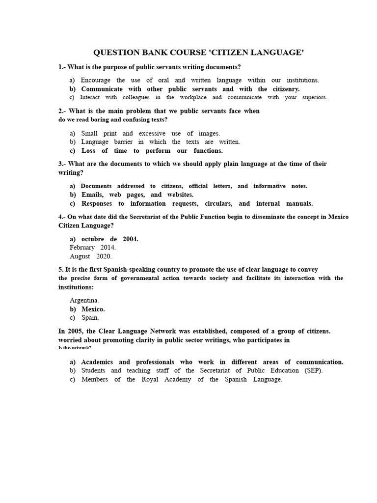 Citizen Language Course Question Bank | PDF | Punctuation | Stress ...