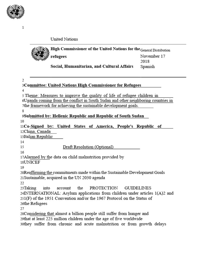 Draft Resolution Unicef | PDF | Malnutrition | Refugee