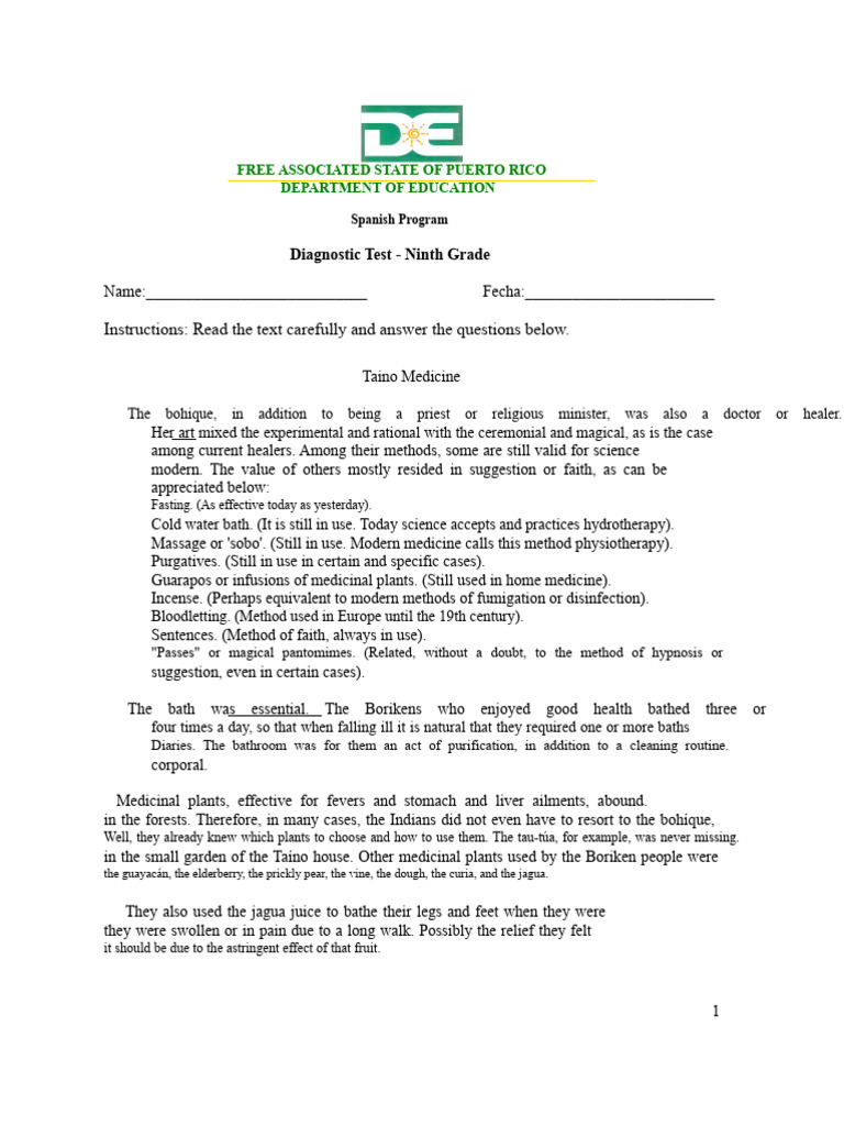 Diagnostic test Spanish PRE POST SPANISH 9 and key | PDF | Reading ...