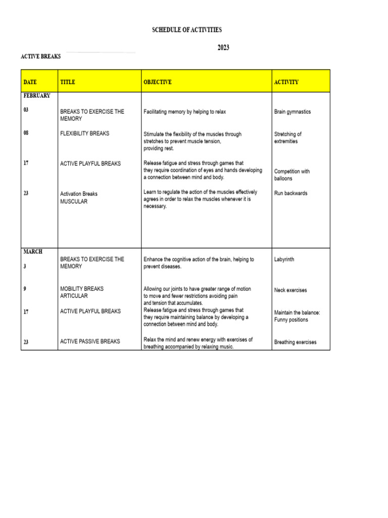 Active breaks schedule 2023 | PDF | Flexibility (Anatomy) | Memory