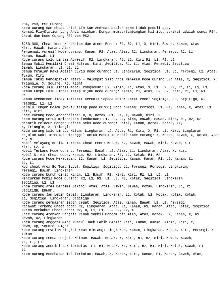 Cheat GTA San Andreas untuk PS4, PS3, PS2 | PDF