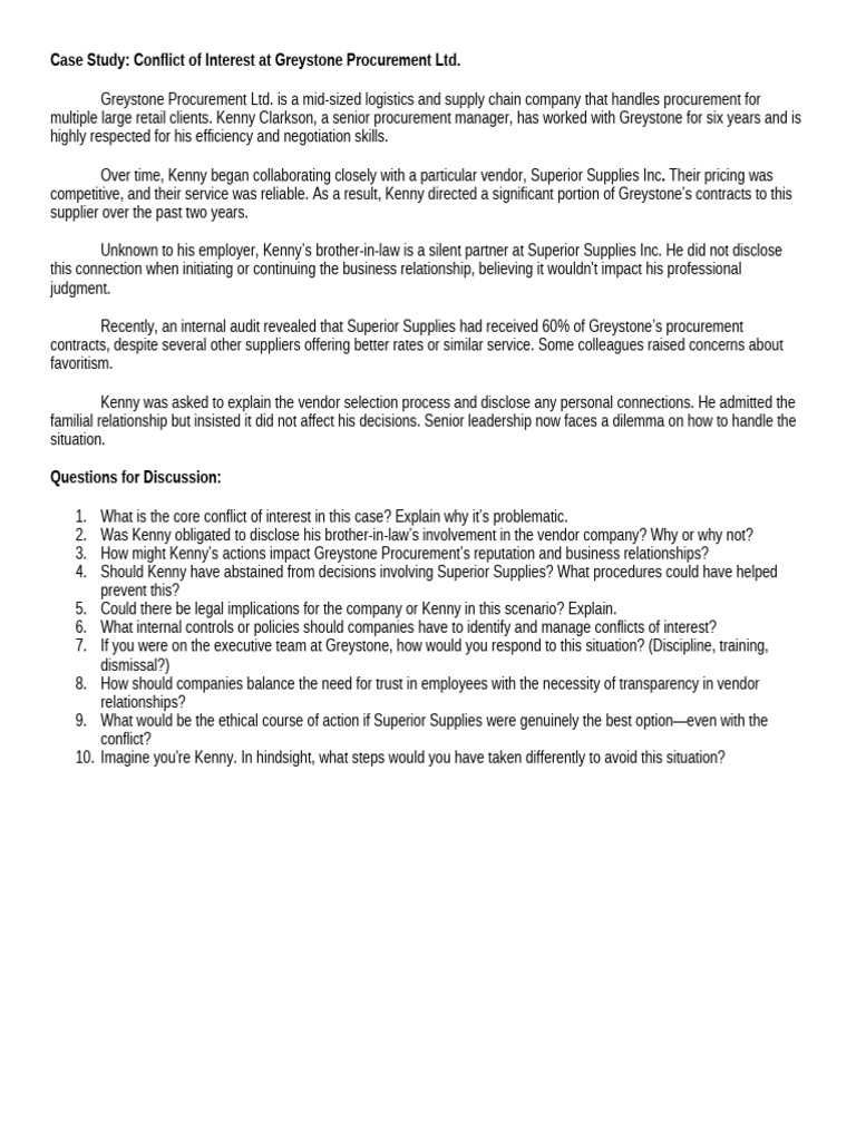 Conflict of Interest Case Study: Greystone Procurement | PDF | Conflict ...