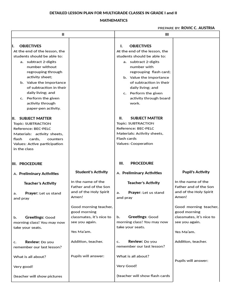 Multigrade Lesson Plan: Subtraction I-II | PDF | Subtraction ...