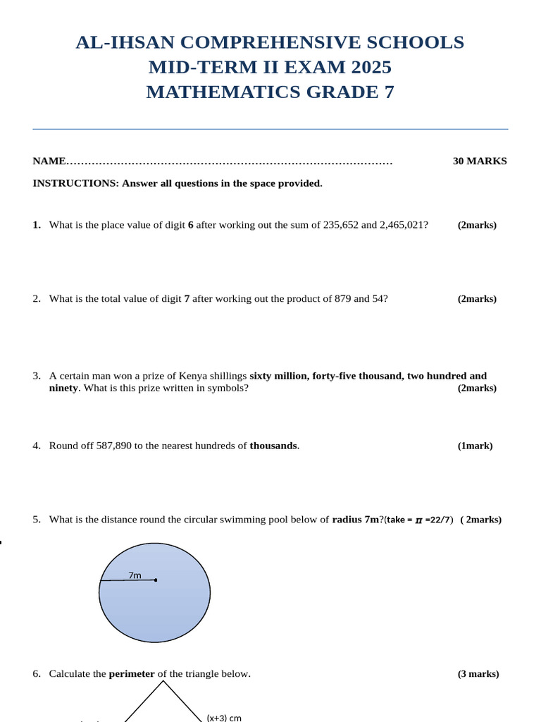 Mathematics Grade 7 Mid-term 2 Exam | PDF