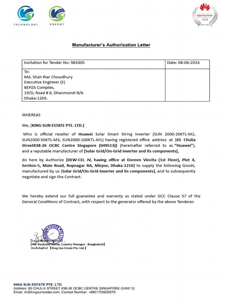 Manufacturer's Authorization for Huawei Inverters | PDF