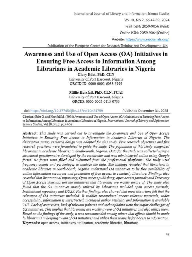 Open Access Awareness Among Nigerian Librarians | PDF | Open Access ...