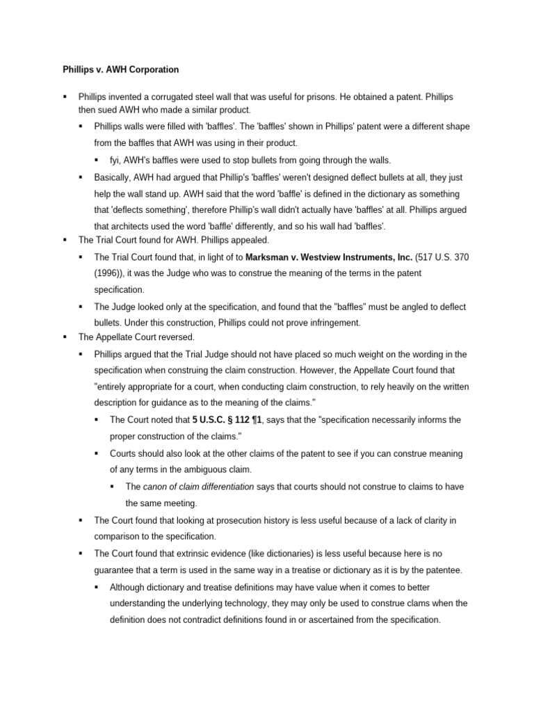 Phillips v. AWH Patent Claim Analysis | PDF | Patent | Patent Law