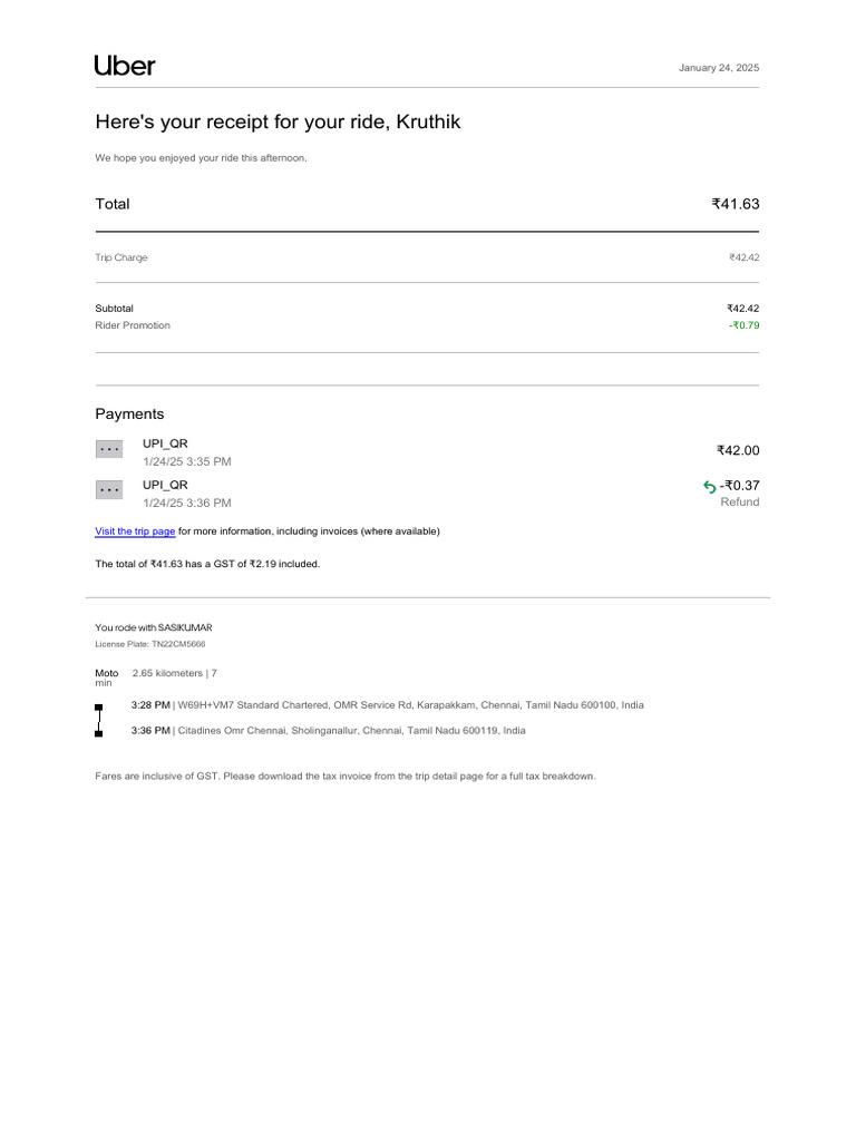 UPI QR Ride Receipt - January 2025 | PDF