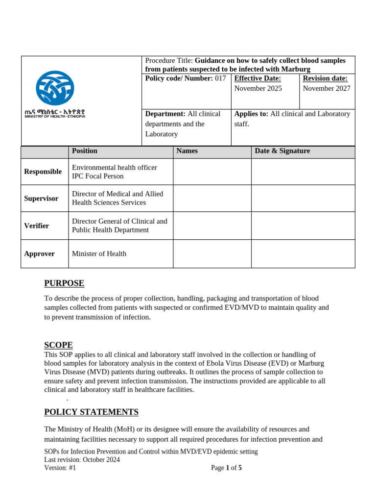 SOP 017 Guidance For Blood Sample Collection by Laboratory Personnel ...