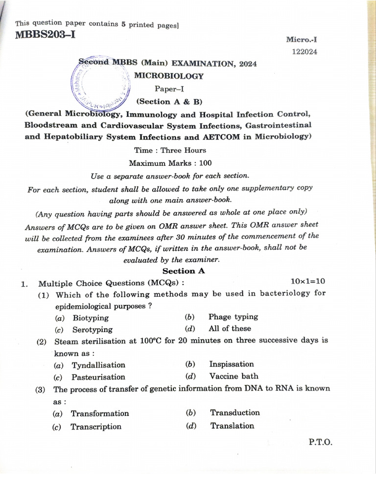 Microbiology (Main) Paper I & II | PDF