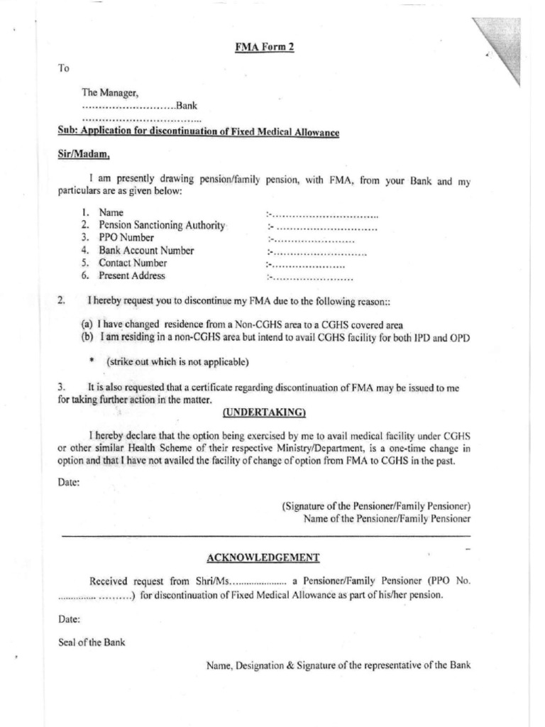 Application for Discontinuation of Fixed Medical Allowance FMA Form 2 1 ...