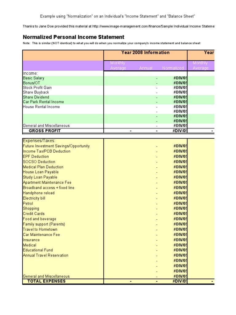Personal Income Statement And Balance Sheet Balance Sheet