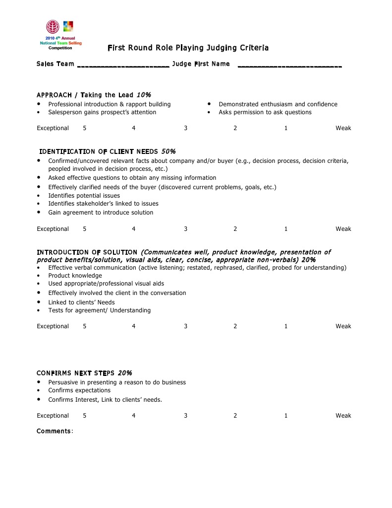Role Play Judging Criteria Overview | PDF | Sales | Understanding