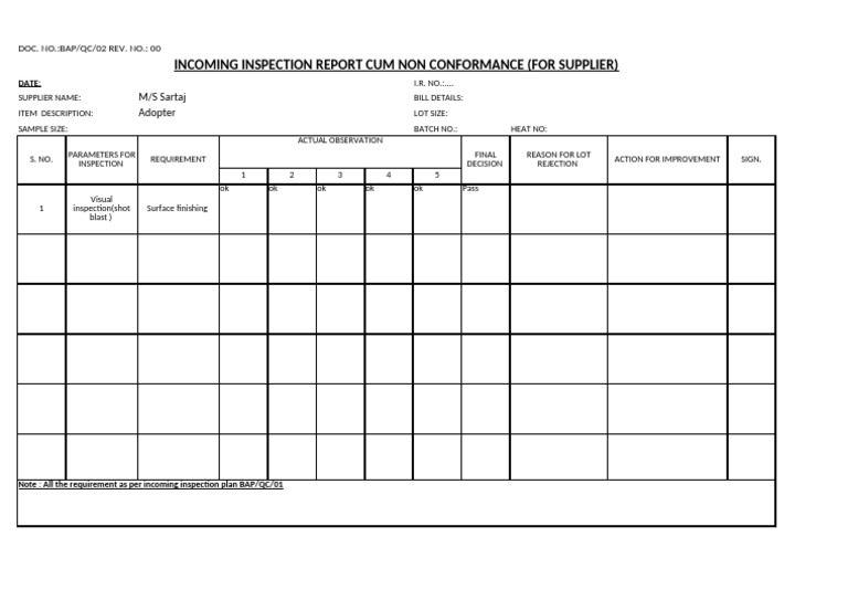 Incoming Inspection Report for Supplier | PDF