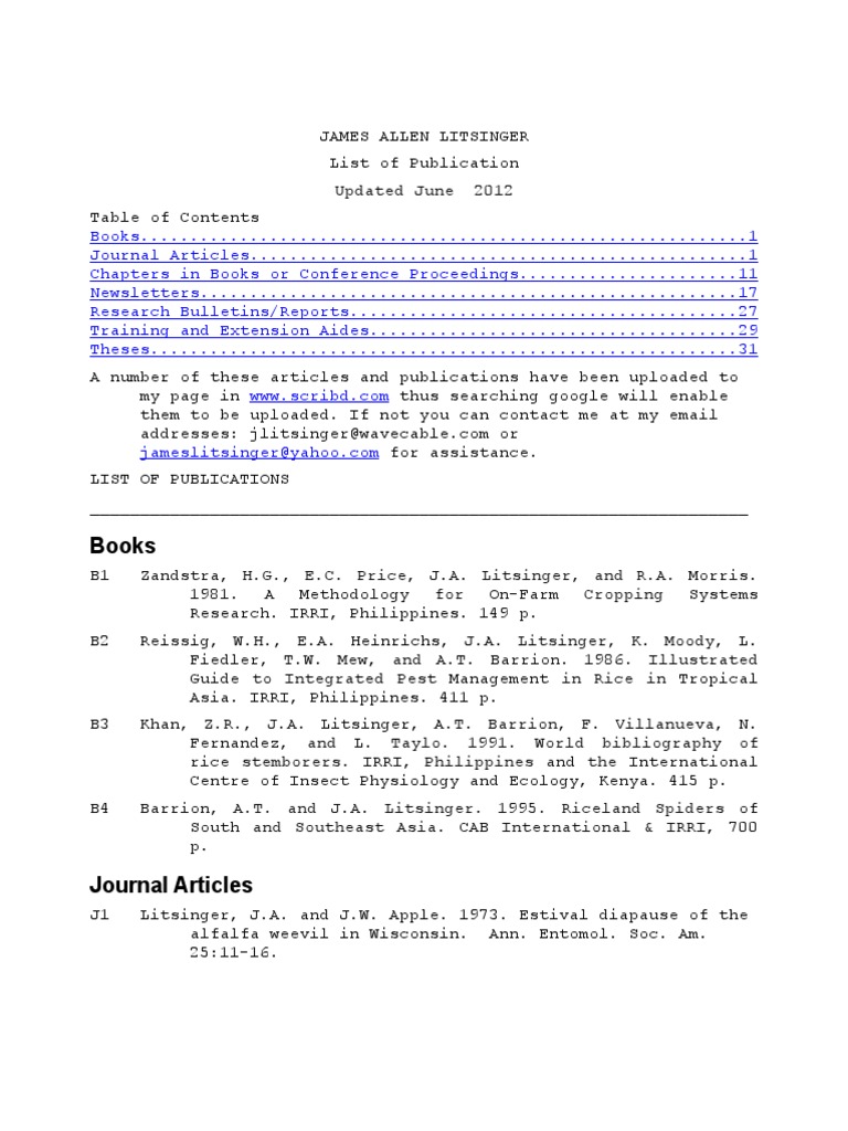 List of Publications by James A Litsinger | PDF | International Rice ...
