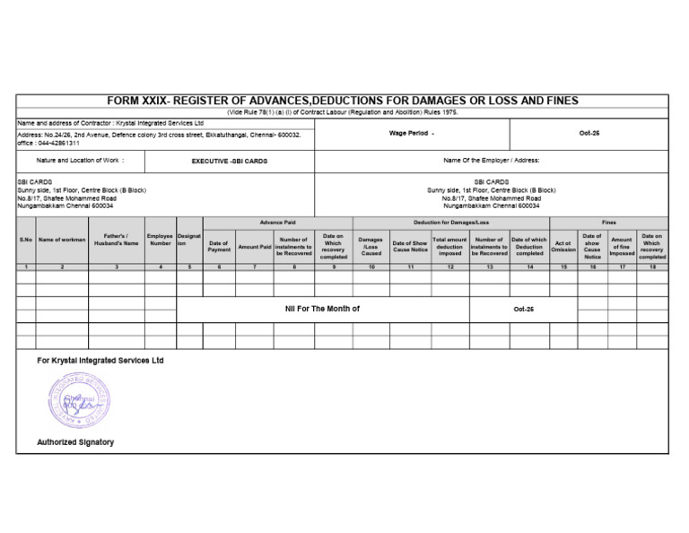 Advances and Deductions Register Oct-25 | PDF | Labour Law | Business Law