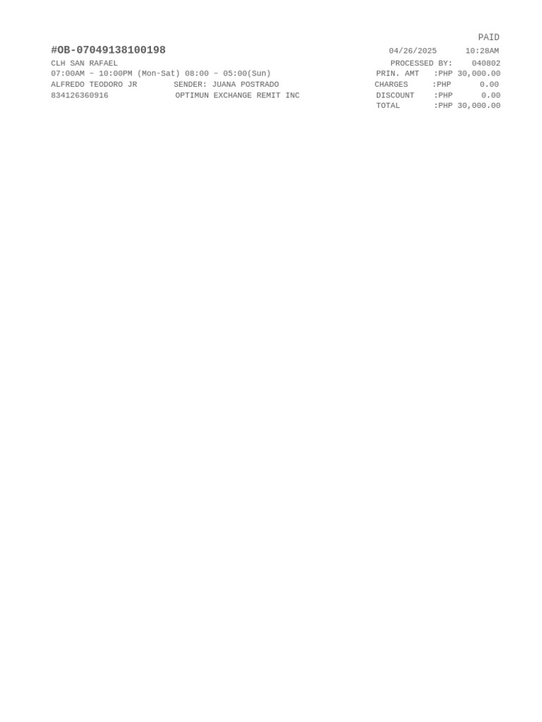 Payment Receipt for PHP 30,000 Transfer | PDF