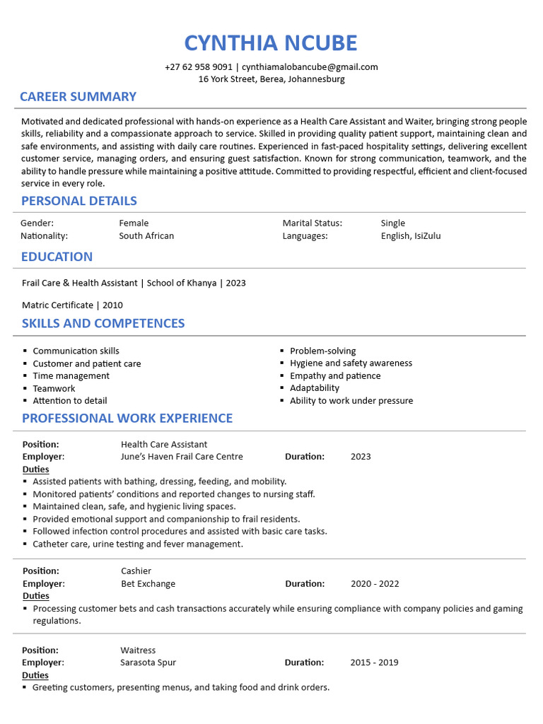 Cynthia cv | PDF | Health Care