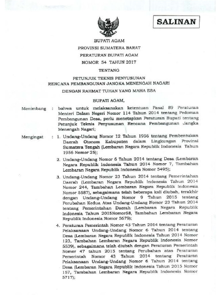 Perbub 54 tAHUN 2017 Petunjuk Teknis Penyusunan RPJMNag | PDF