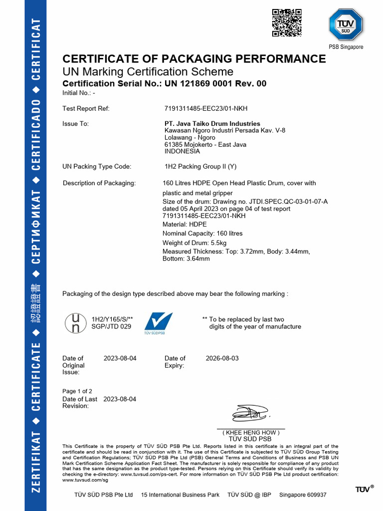 UN Open Top 160 Ltr 121869 0001 Rev.00 | PDF | Certification