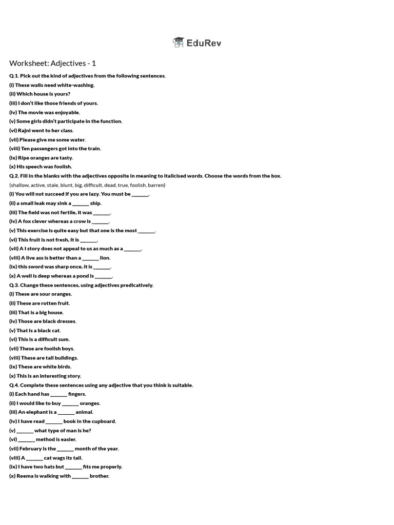 Adjectives 1 Class 6 Worksheet English Grammar | PDF