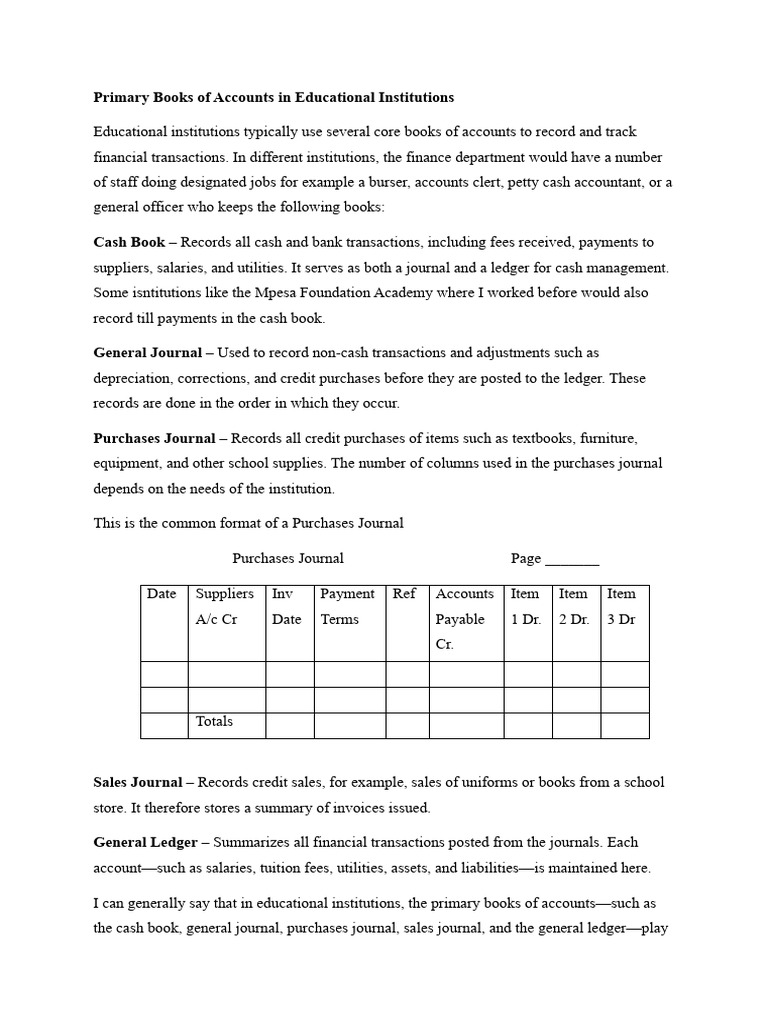 Primary Books of Accounts in Educational Institutions | PDF | Debits ...