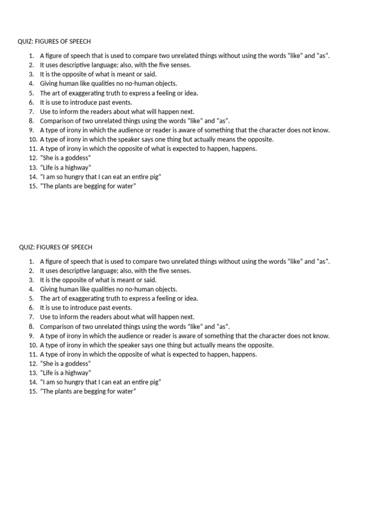 Grade 8 Figures of Speech Quiz | PDF | Irony