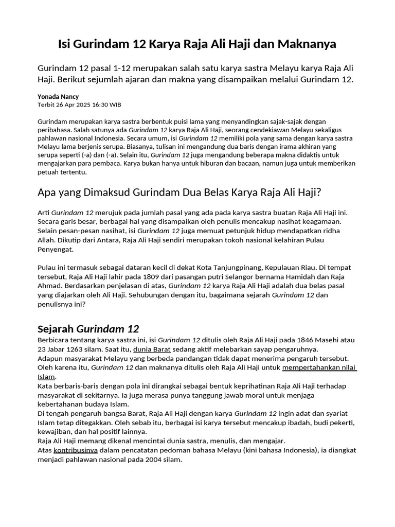 Makna dan Isi Gurindam 12 Raja Ali Haji | PDF