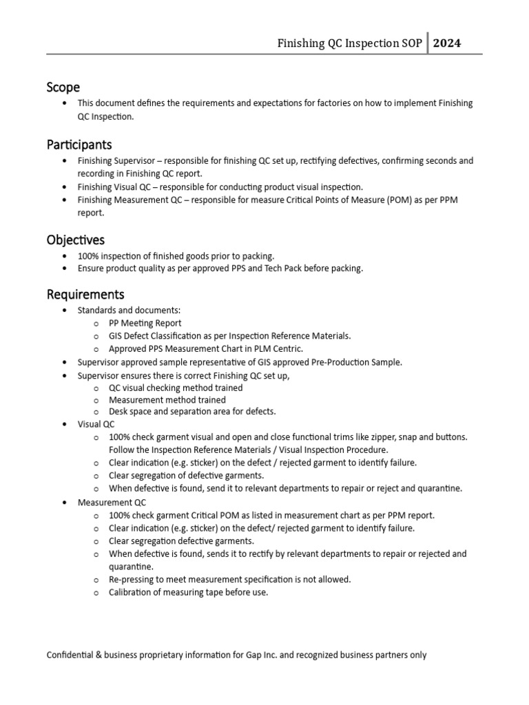 FP-13.2 Finishing QC Inspection SOP - Dec 2024 | PDF