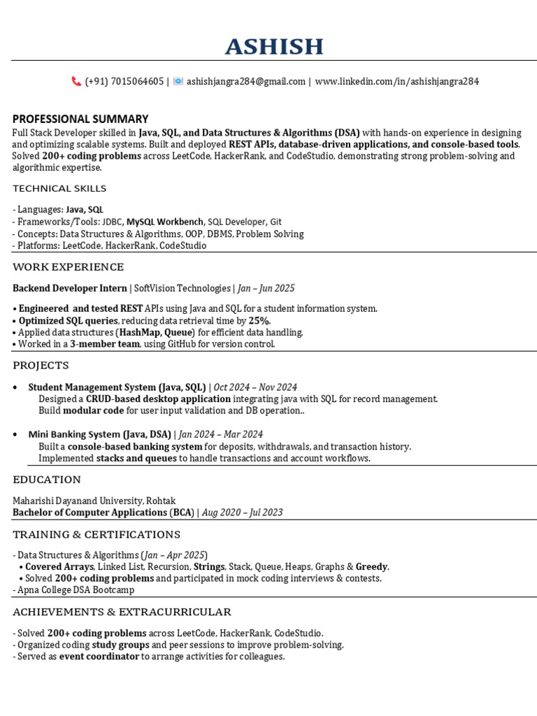 Full Stack Developer Resume Summary | PDF