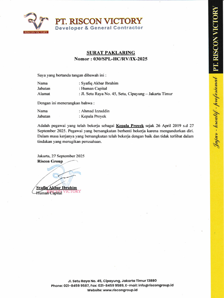 Surat Paklaring - Ahmad Izzuddin (030) RT (Scan) | PDF
