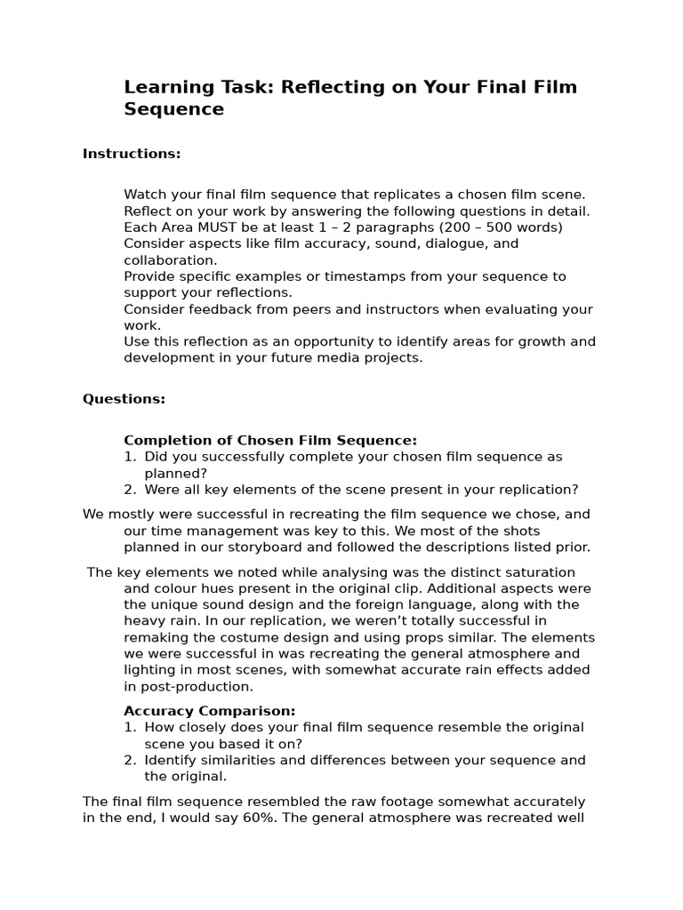 Learning Task Reflection On A Film Sequence | PDF